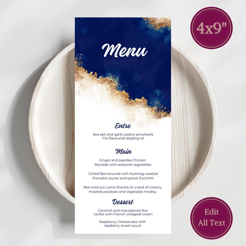 Navy and Gold Table Menu, Wedding Menu Template Canva, Modern Menu Card ...