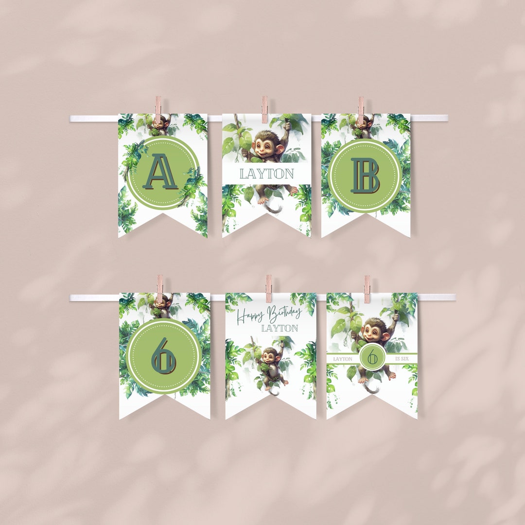 Jungle Monkey Bunting Banner, Greenery Garland, Dovetail Flag INSTANT ...