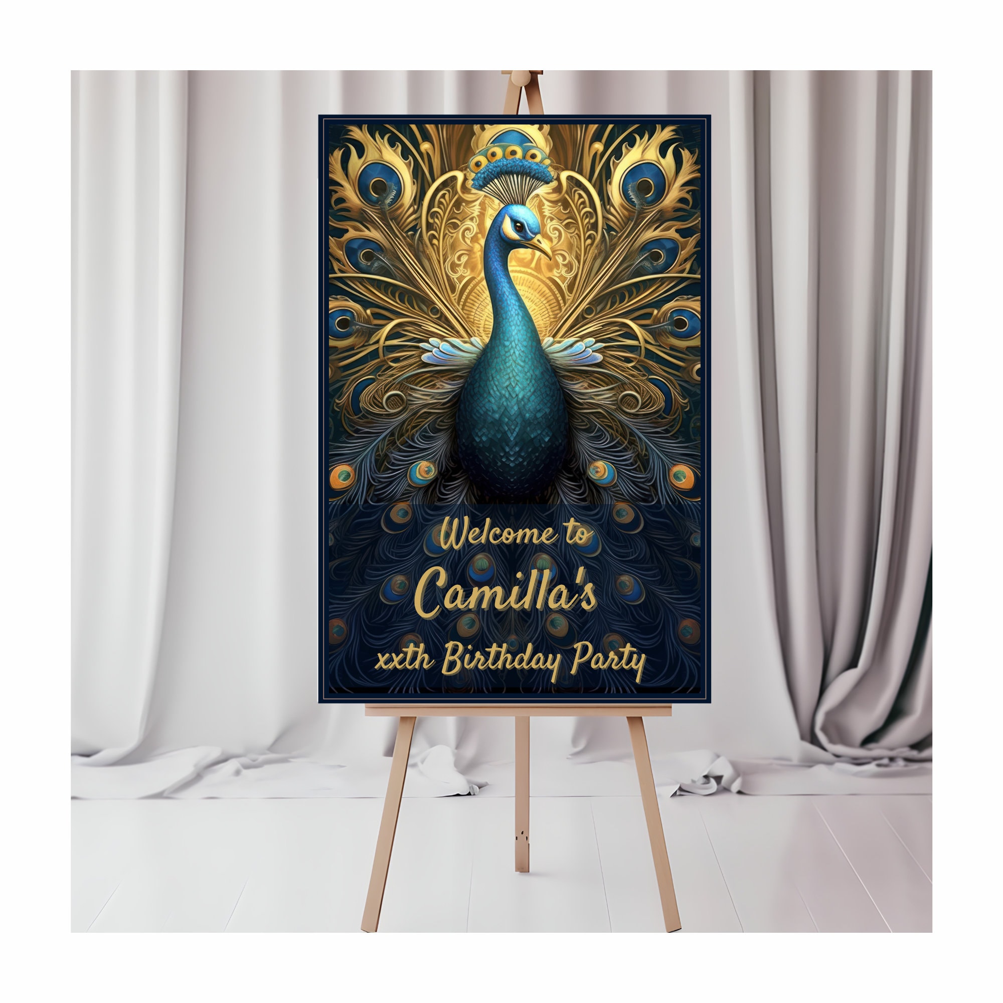 Peacock Welcome Sign, Navy and Gold Birthday Welcome Sign, Custom ...