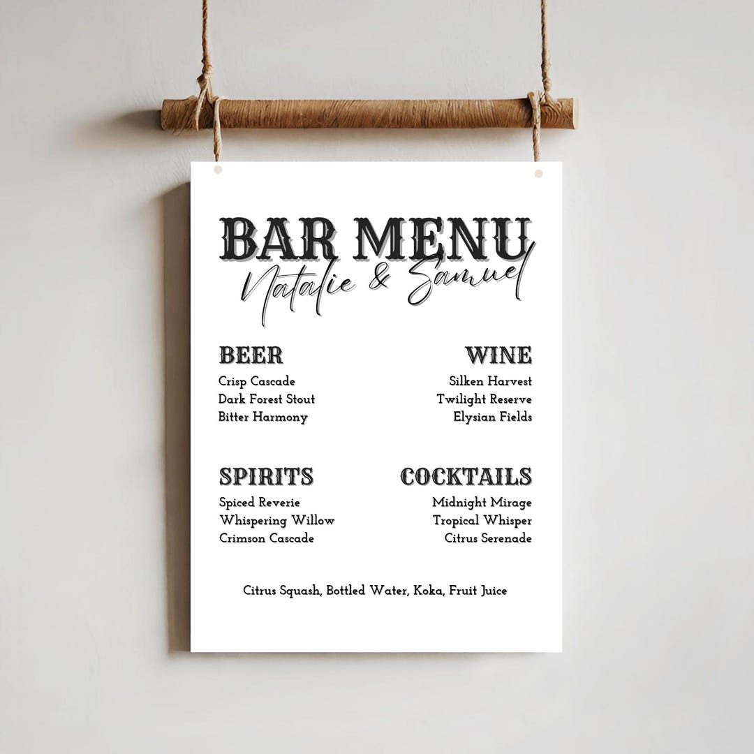 Editable Bar Menu Template, Minimalist Wedding Bar Menu, Black & White ...