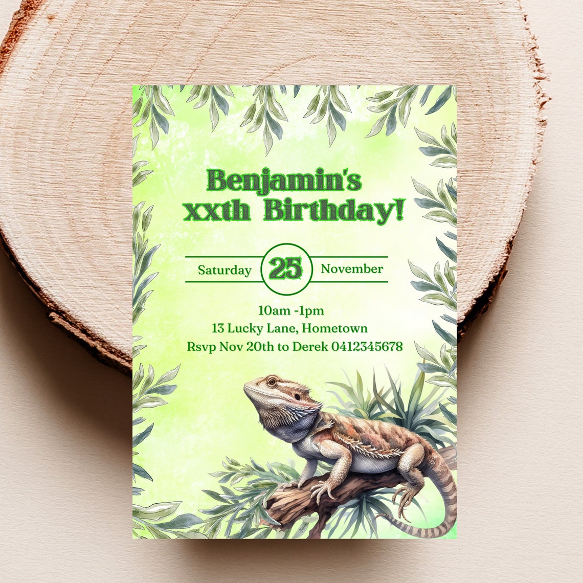 Boys Birthday Invitation, Lizard & Insects, Bearded Dragon, Reptile ...