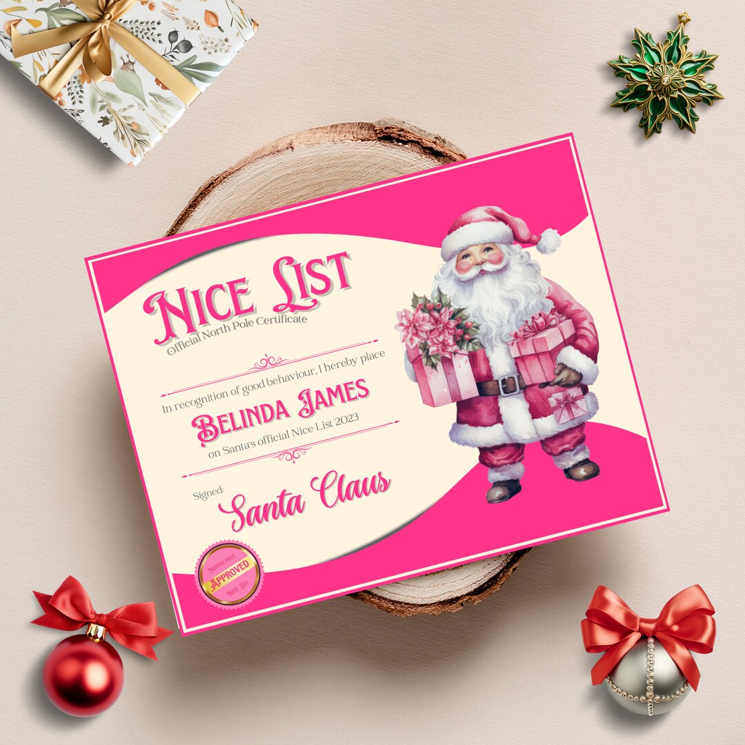 Pink Christmas Nice List Certificate, Official Santa Mail, Chritmas Eve ...