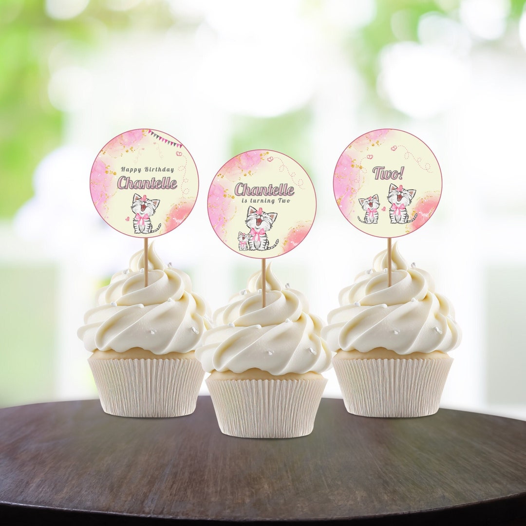 Kitten & Cat Cupcake Topper, Birthday Party Cake Decorations, Pink Gold ...