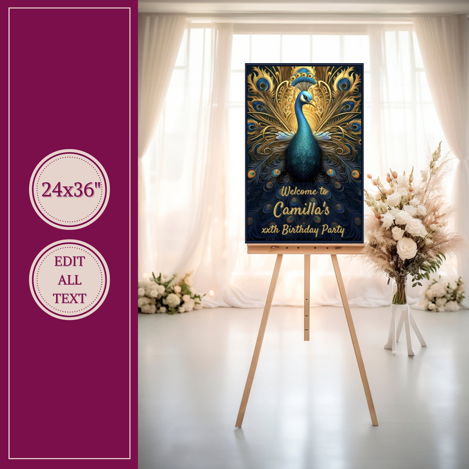 Peacock Welcome Sign, Navy and Gold Birthday Welcome Sign, Custom ...