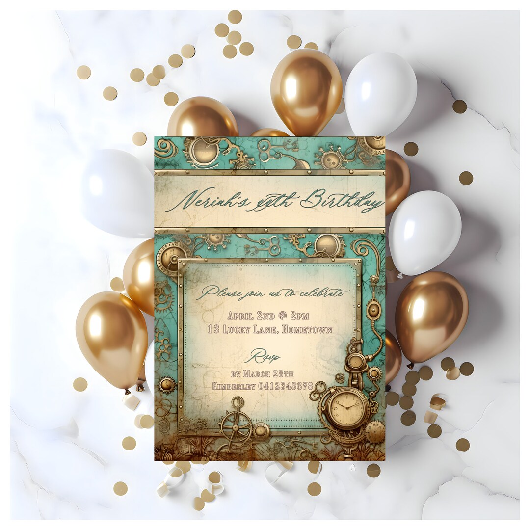 Steampunk Invitation, Vintage Invite, Junk Journal, Gold, Aqua ...