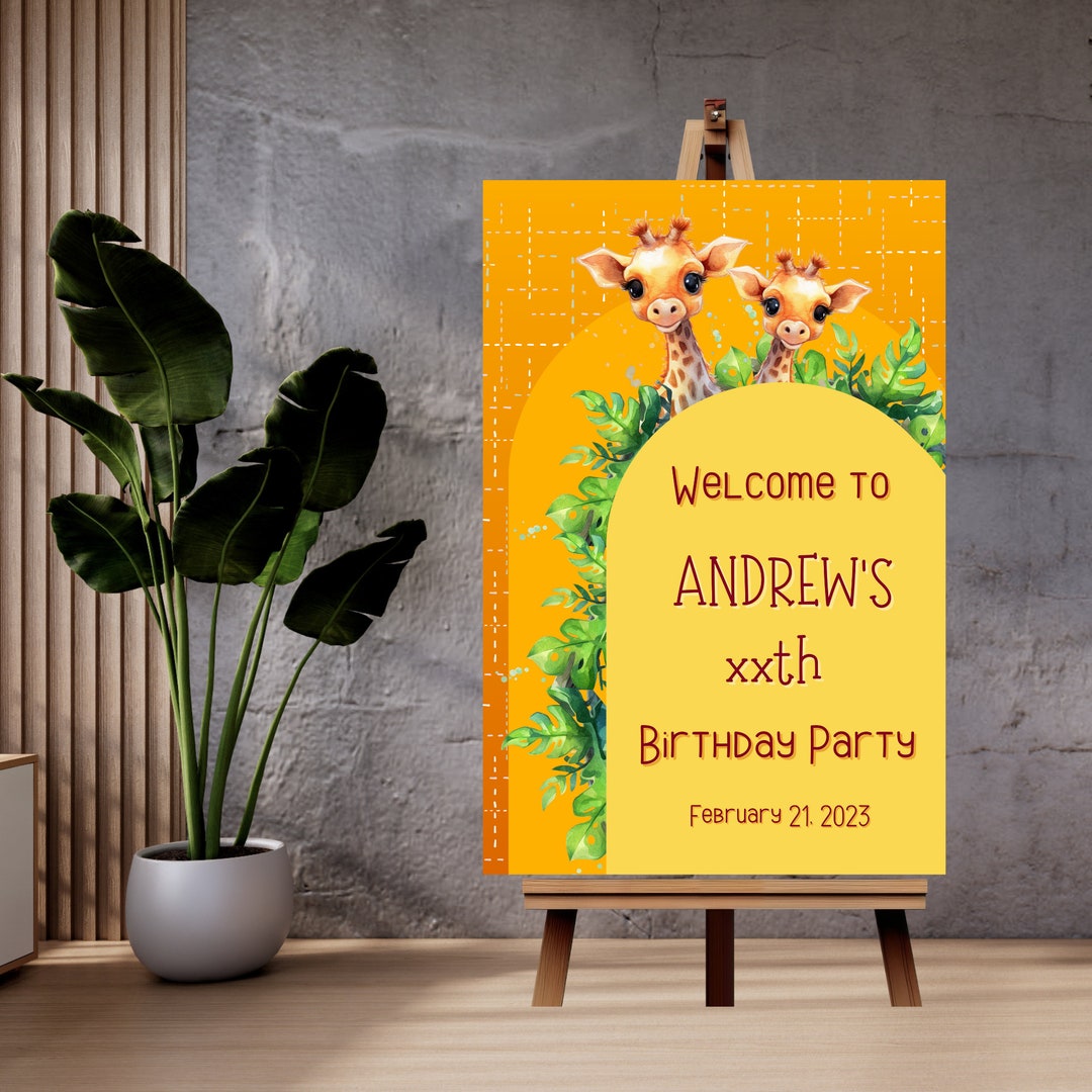 Giraffe Welcome Sign Template Yellow & Orange Gradient Birthday Custom ...