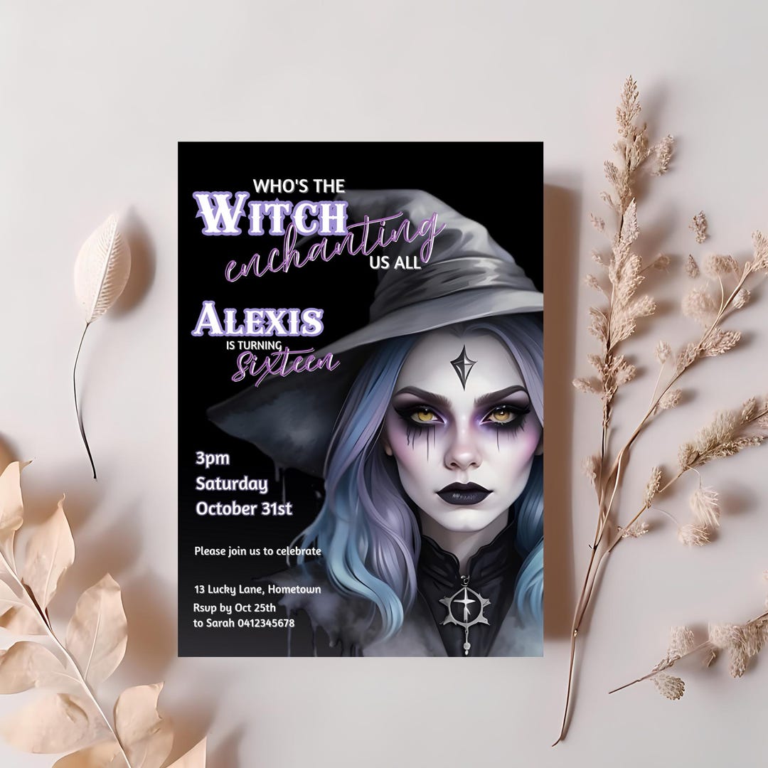 16th Witch Birthday Invitation Template, Gothic Black & Purple ...