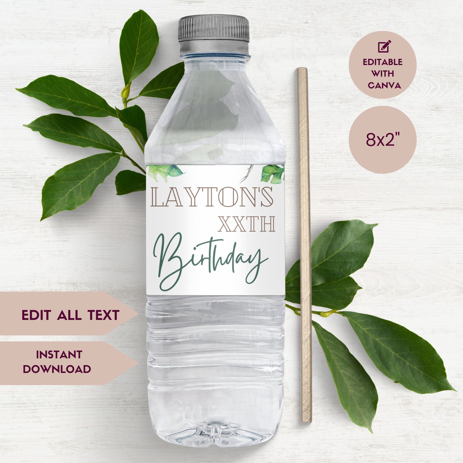 Jungle Monkey Water Bottle Label, INSTANT DOWNLOAD Rainforest Greenery ...