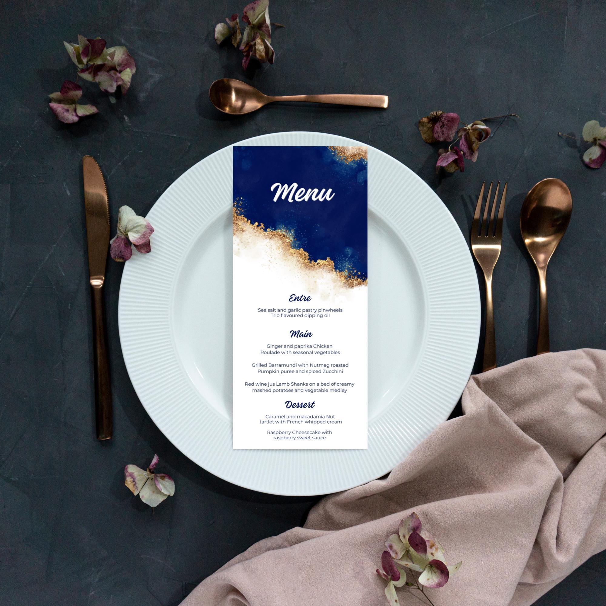 Navy and Gold Table Menu, Wedding Menu Template Canva, Modern Menu Card ...