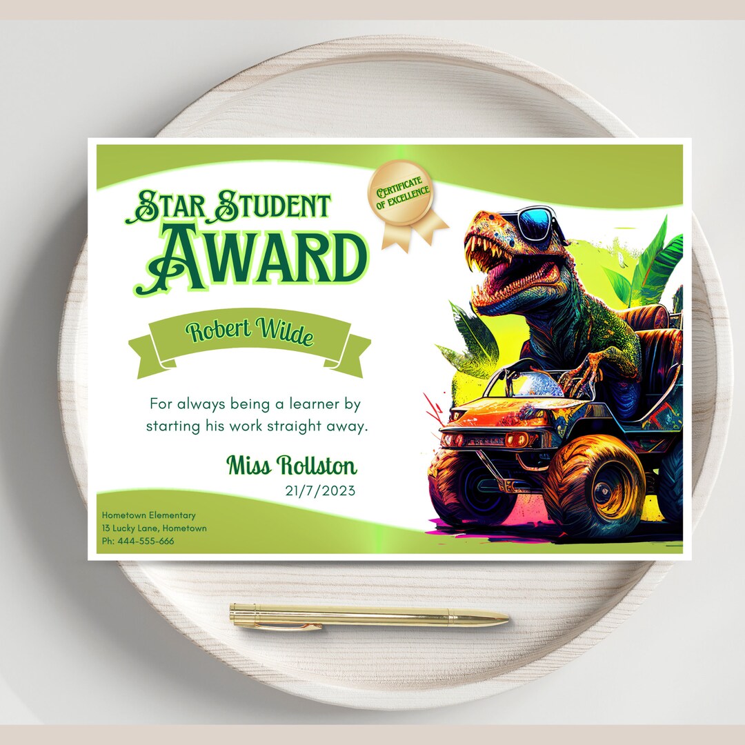 Dinosaur School Certificate Template, Green Student Award, Dino Car ...