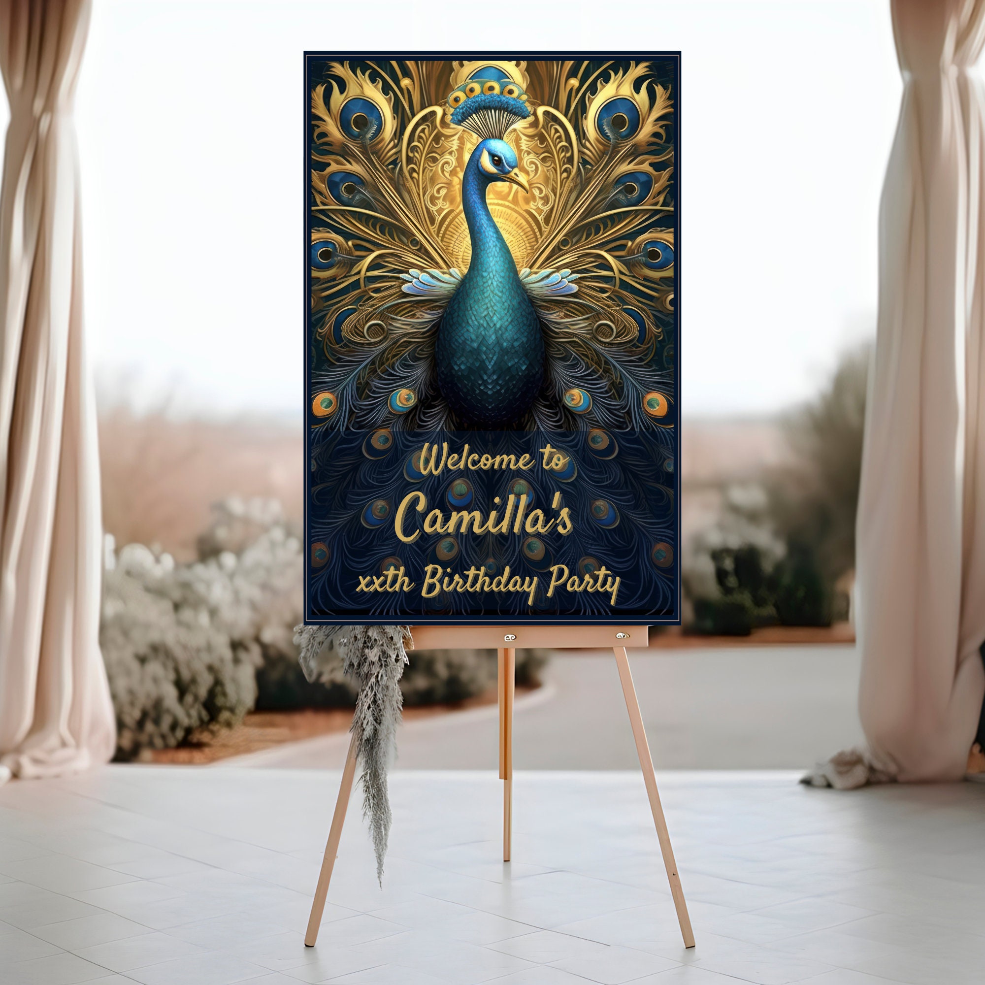 Peacock Welcome Sign, Navy and Gold Birthday Welcome Sign, Custom ...