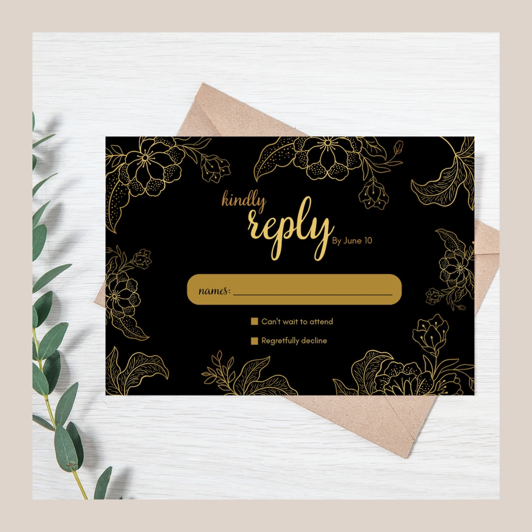Bachelorette Rsvp Card, Hens Night, Floral, Black & Gold, Invitation ...
