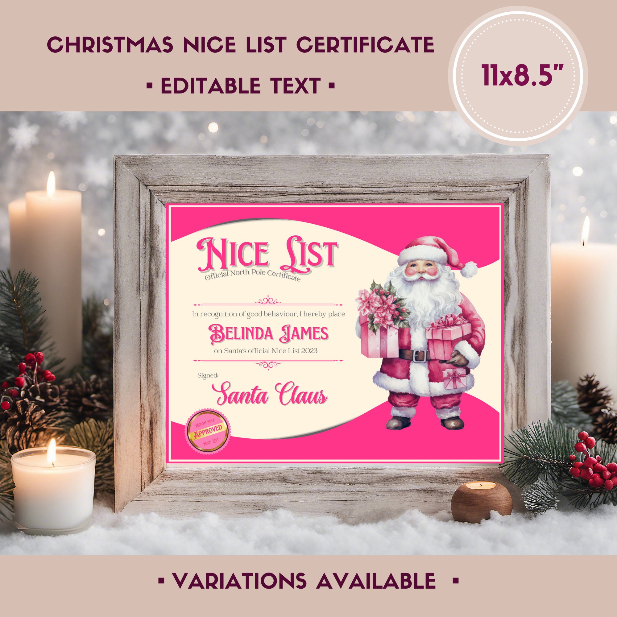 Pink Christmas Nice List Certificate, Official Santa Mail, Chritmas Eve ...