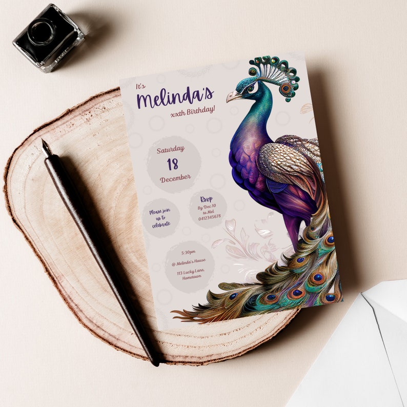 Editable Peacock Birthday Invitation, Any Age for Her, Green & Purple ...