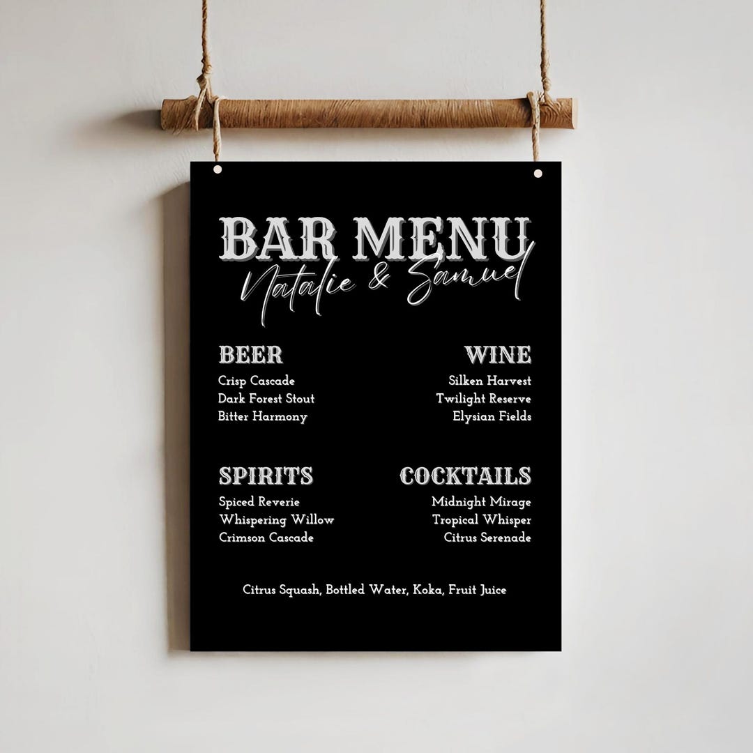 Black Bar Menu Template, Minimalist Wedding Bar Menu, Black & White ...