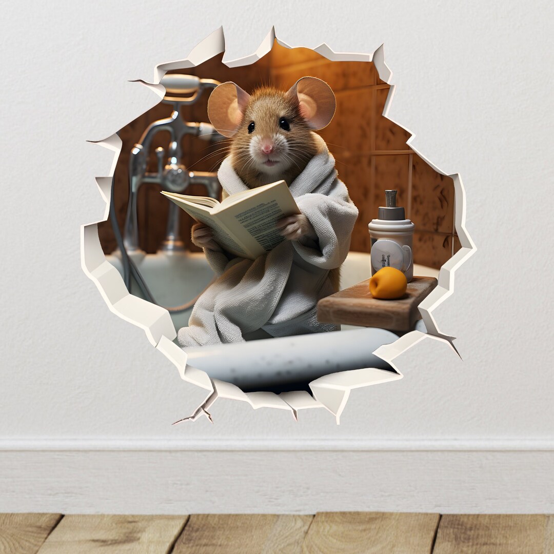 Mouse Reading in Bathtub - Mouse Hole in Wall Decal - Mouse Hole in the ...