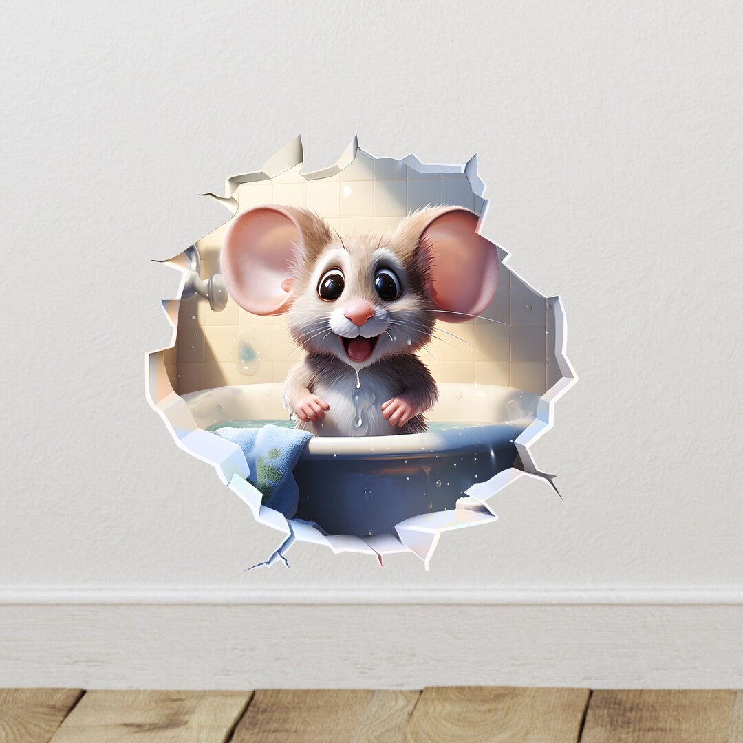 Cute Mouse in Bathtub - Mouse Hole in Wall Decal - Mouse Hole in the ...