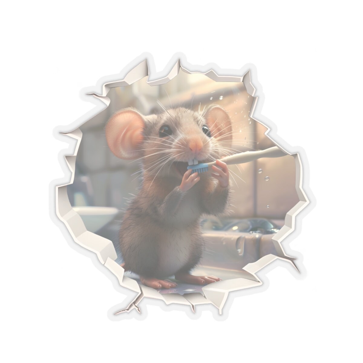 Cute Mouse Hole Sticker, Mouse in Bathroom Brushing Teeth, Cute Wall ...