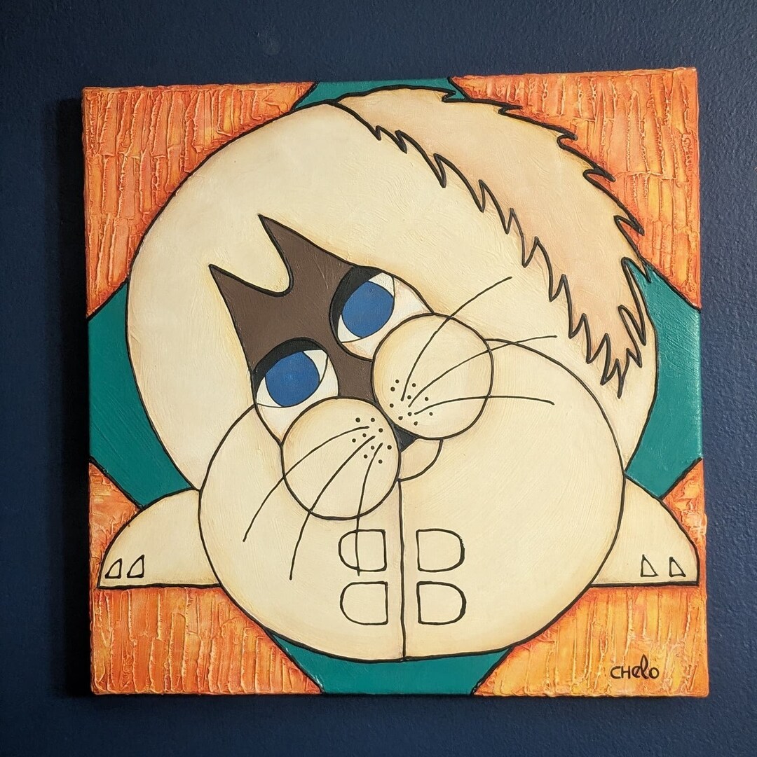 Whimsical Fat Cat Acrylic Painting: Bright Fun Art by Chelo - Etsy