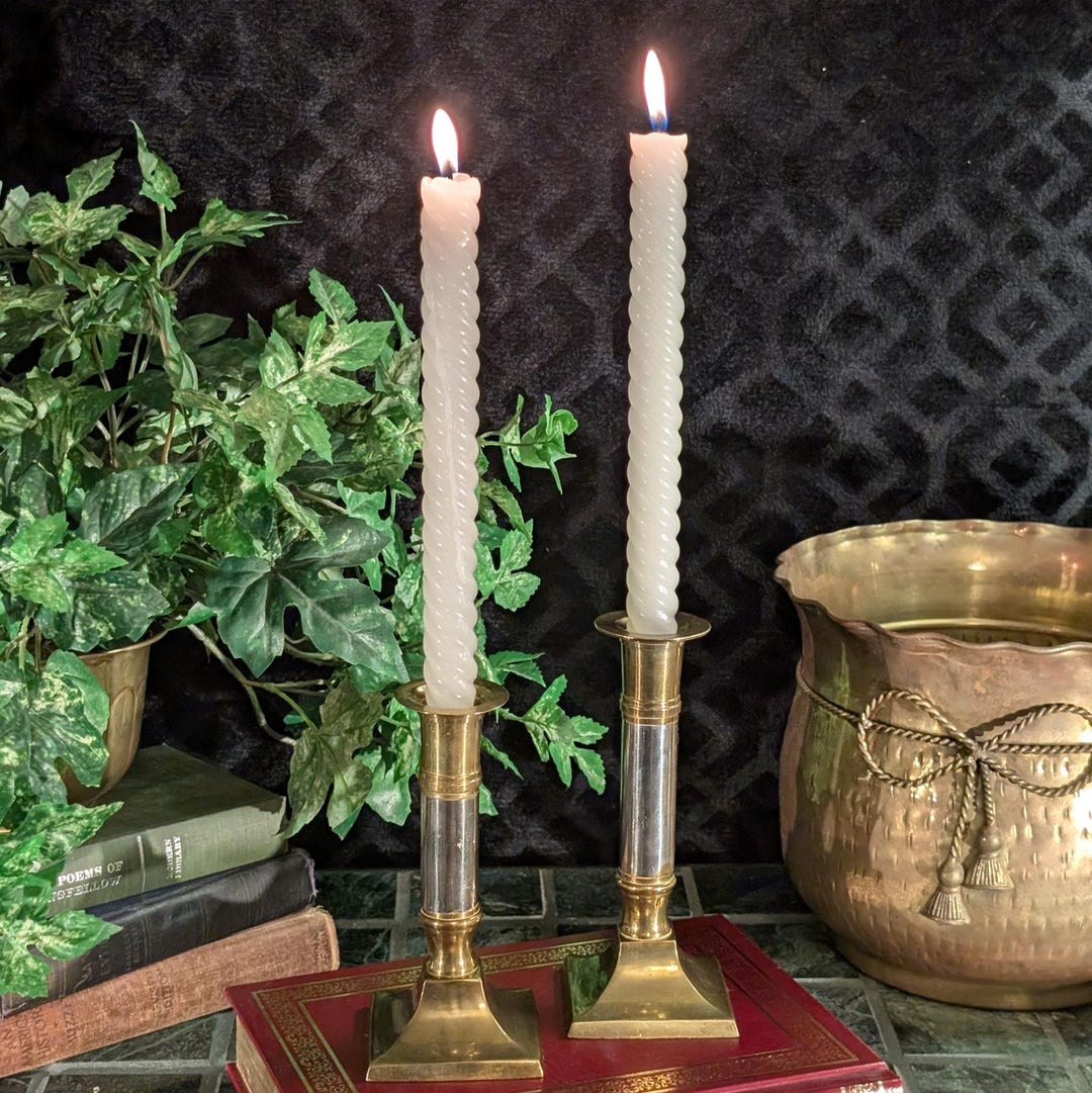 2 Vintage Two Tone Solid Brass & Chrome Single Taper Square Base Candle ...