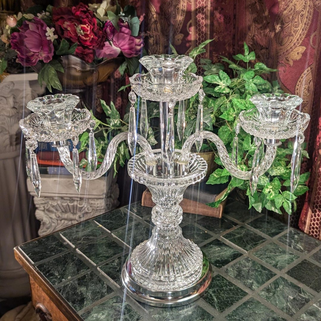 Large Vintage 3-arm 24% Lead Crystal & Chrome Triple Candelabra W/ 15 ...