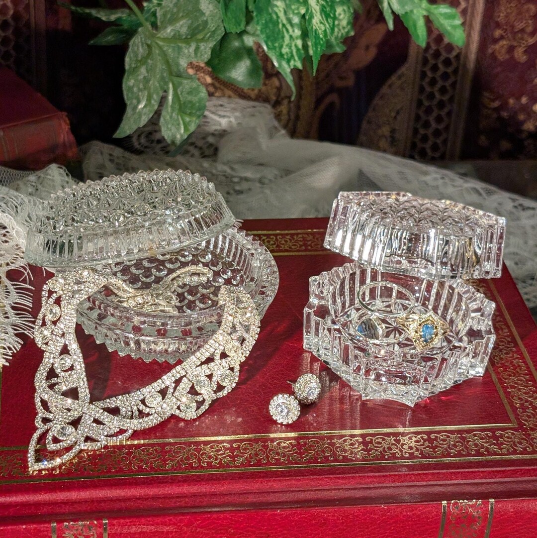 Vintage Lidded Square Lead Crystal & Round Glass Diamond Point Trinket ...