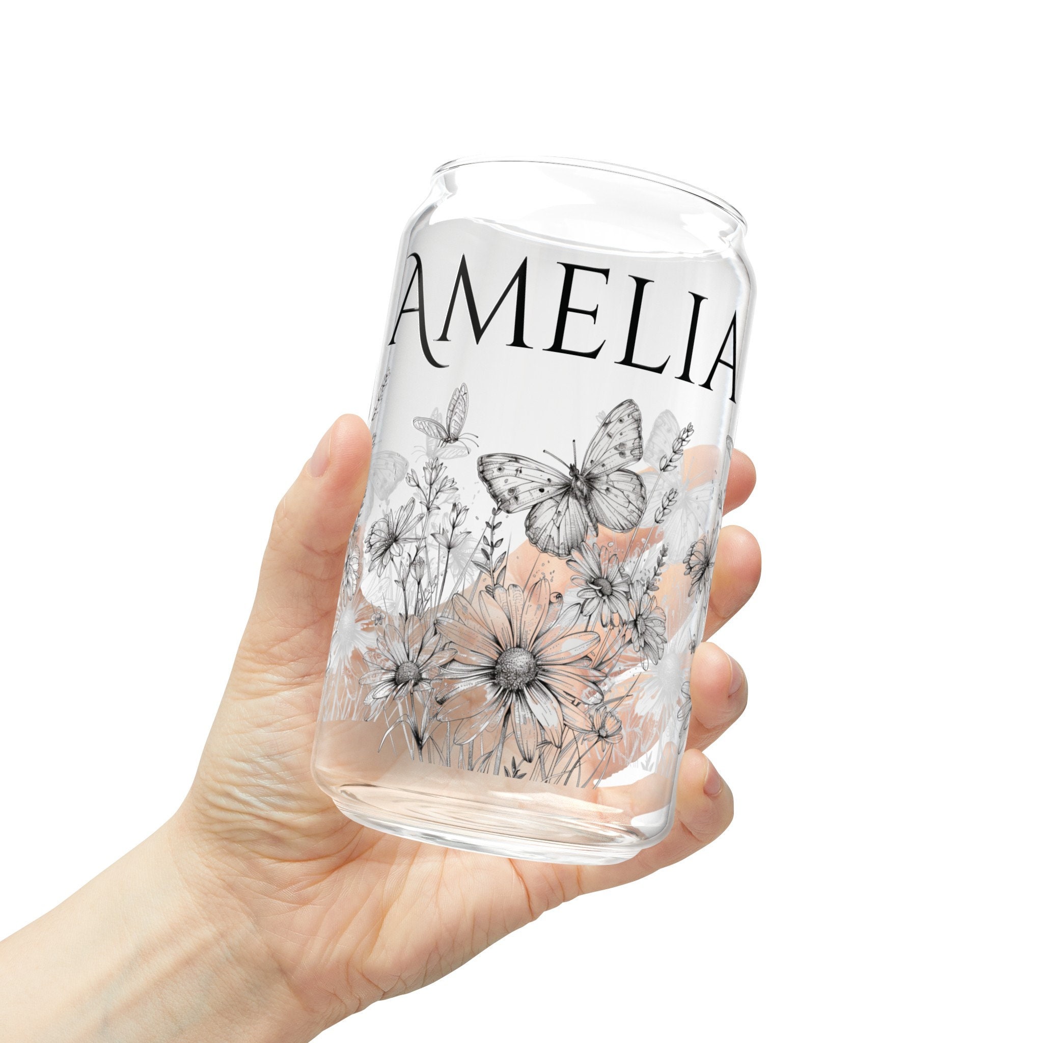 Personalized Glass Can, Cottagecore Glass 16oz, Glass Beer Can Boho ...