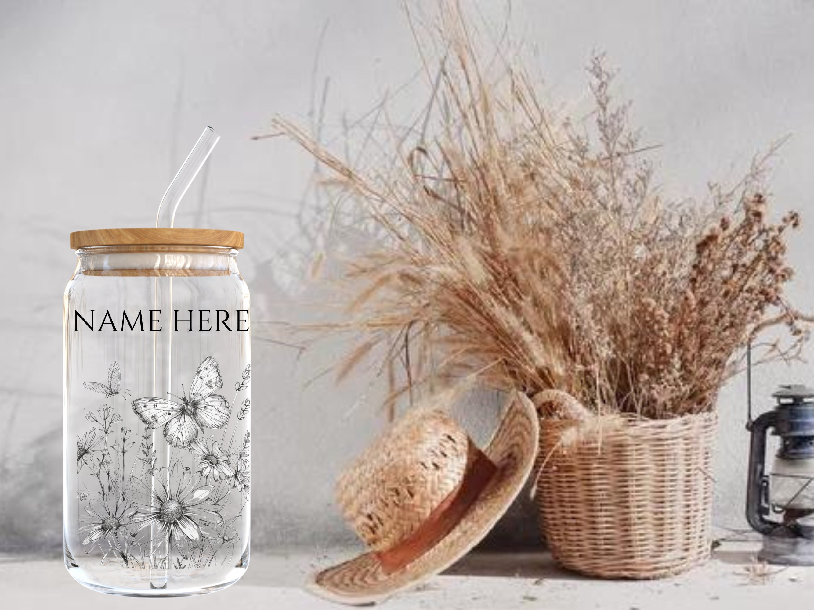 Personalized Glass Can, Cottagecore Glass 16oz, Glass Beer Can Boho ...