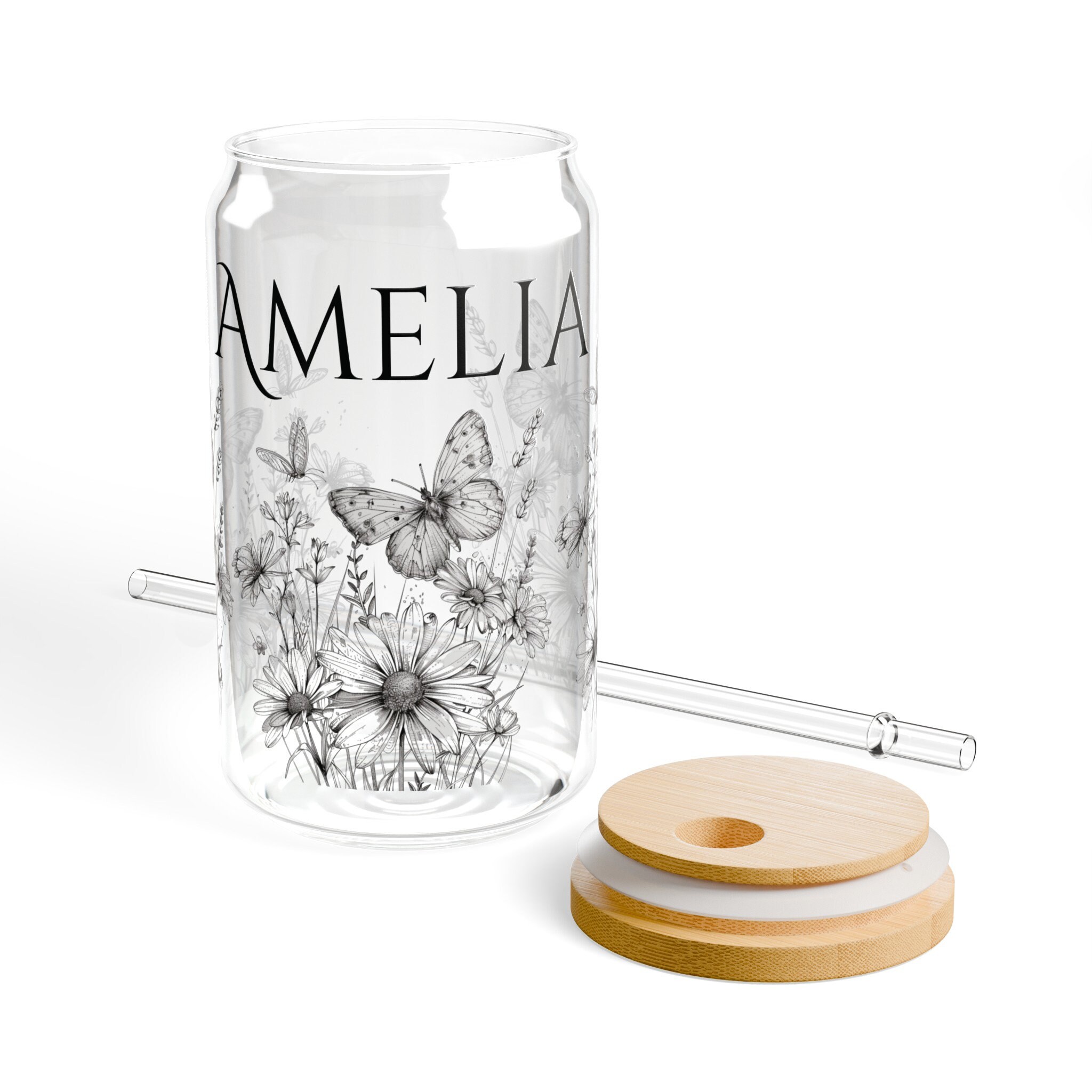 Personalized Glass Can, Cottagecore Glass 16oz, Glass Beer Can Boho ...