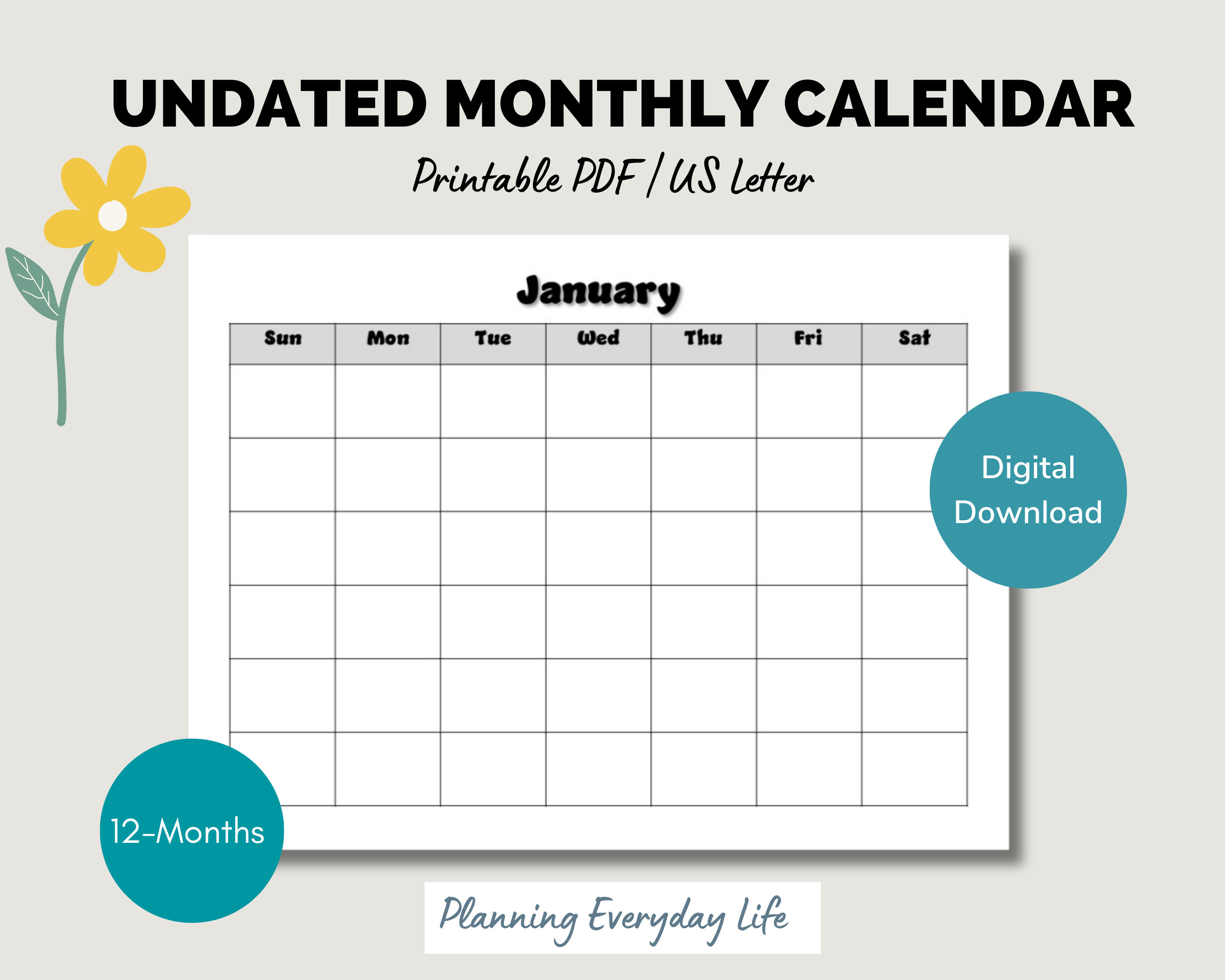 Undated Monthly Calendar Printable Calendar Pages 12 Month Calendar ...