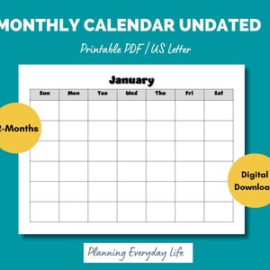 Monthly Calendar Printable, Undated Calendar 12 Months, Calendar ...
