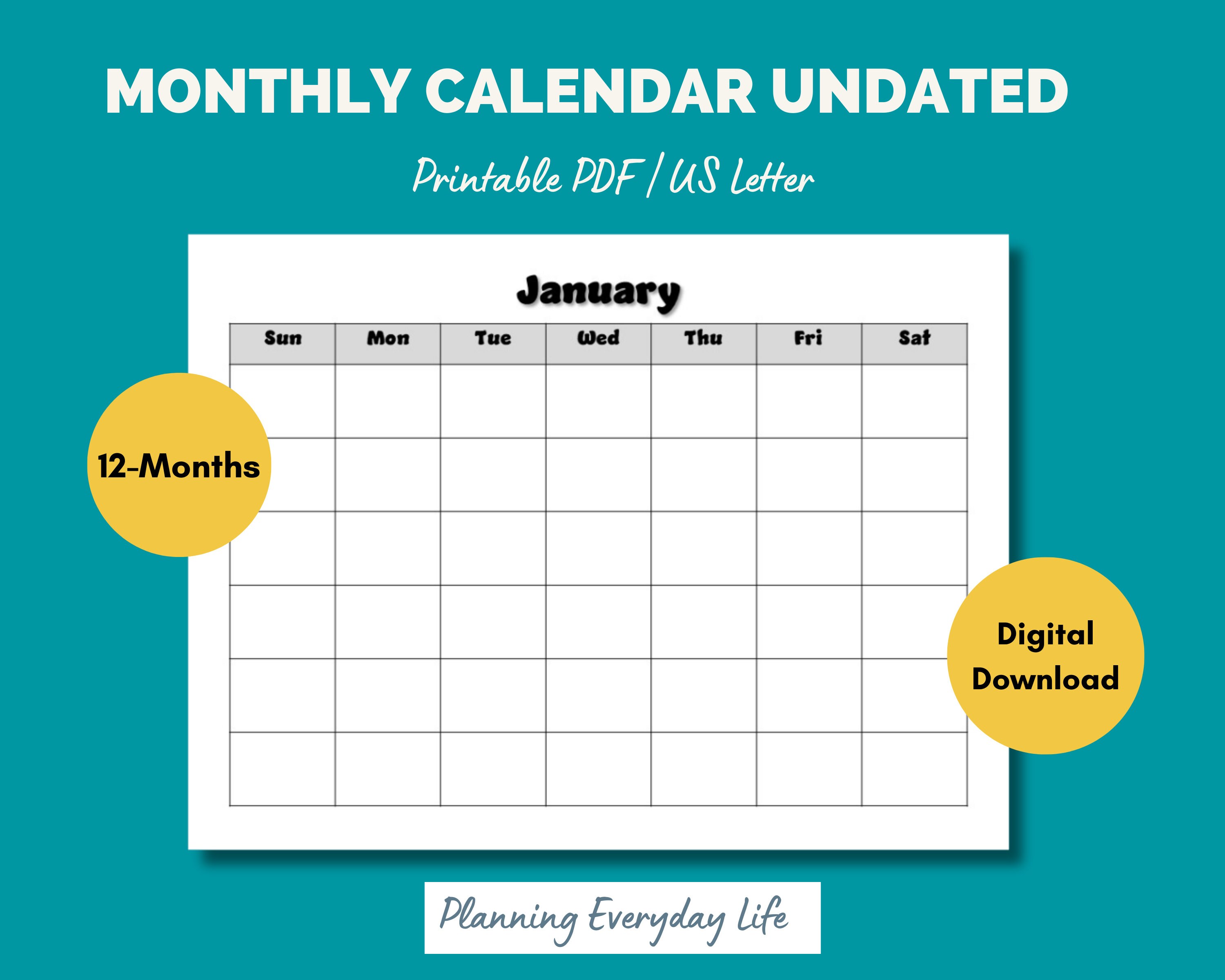 Monthly Calendar Printable, Undated Calendar 12 Months, Calendar ...