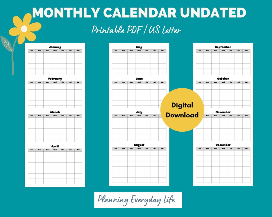 Monthly Calendar Printable, Undated Calendar 12 Months, Calendar ...