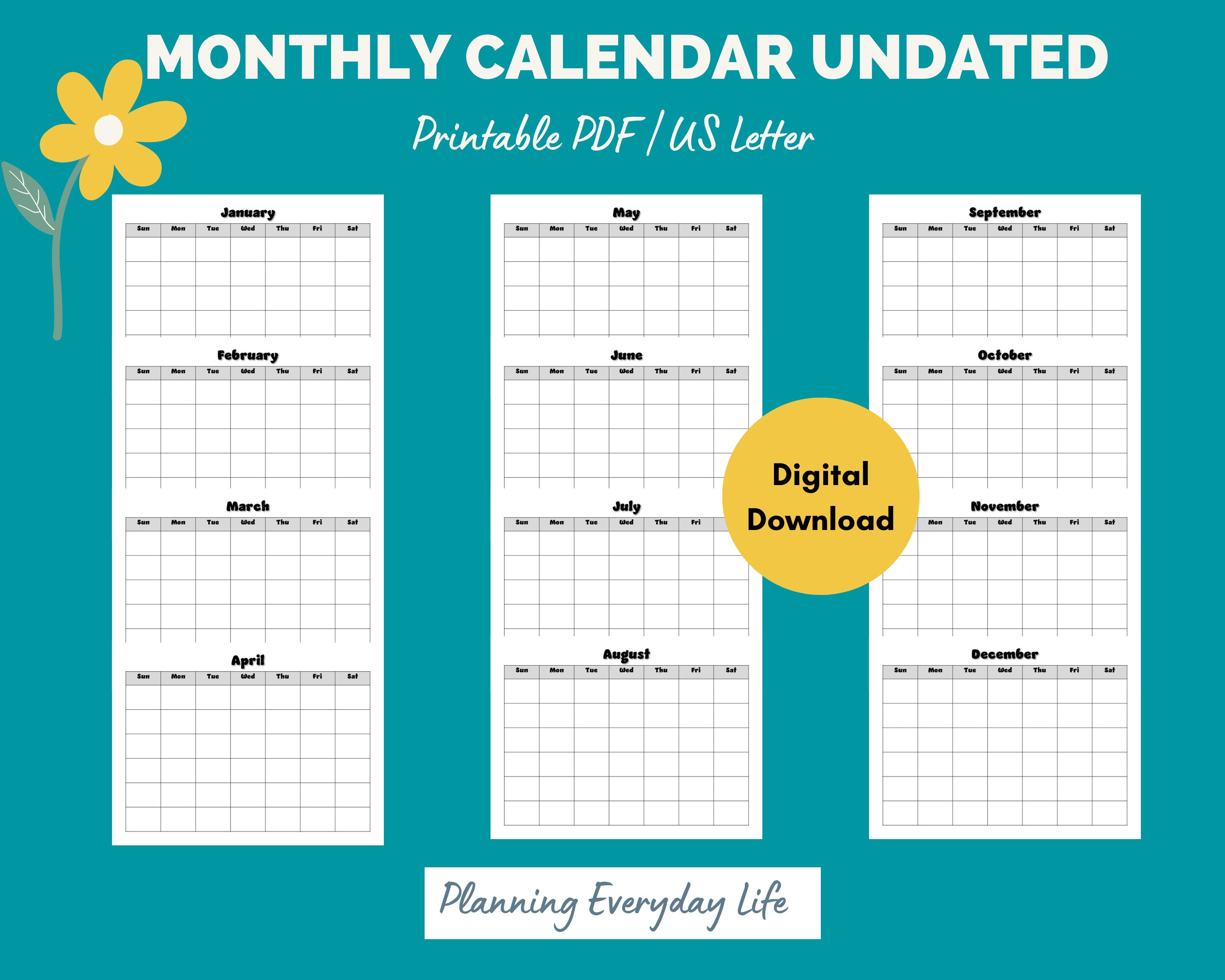 Monthly Calendar Printable, Undated Calendar 12 Months, Calendar ...