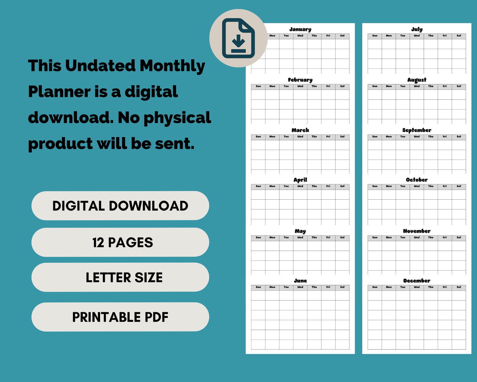 Monthly Calendar Printable, Undated Calendar 12 Months, Calendar ...