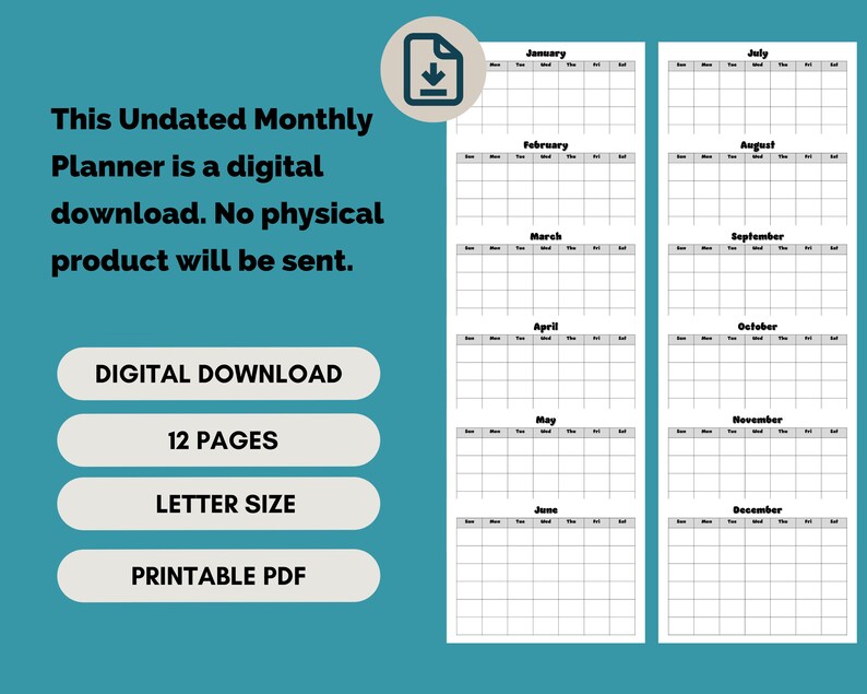 Monthly Calendar Printable, Undated Calendar 12 Months, Calendar ...
