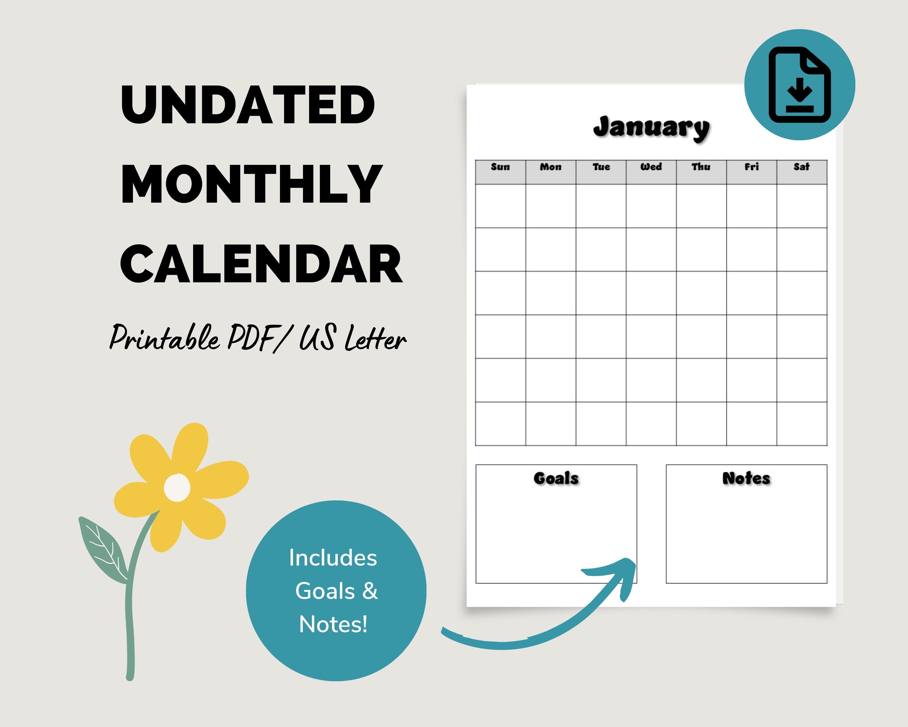 Undated Monthly Calendar Printable Calendar 12 Month Calendar Monthly ...