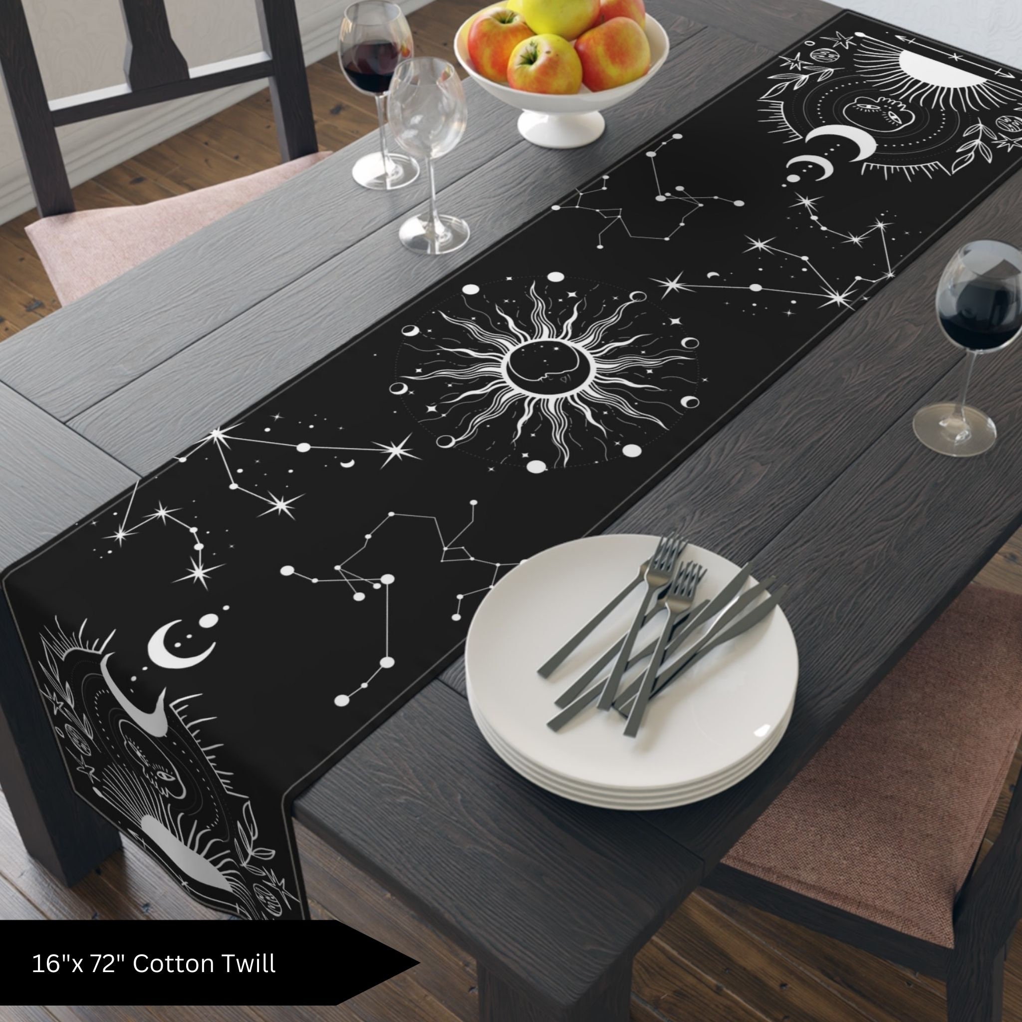 Dark Academia Celestial Table Runner For Witchy Gothic Kitchen Decor