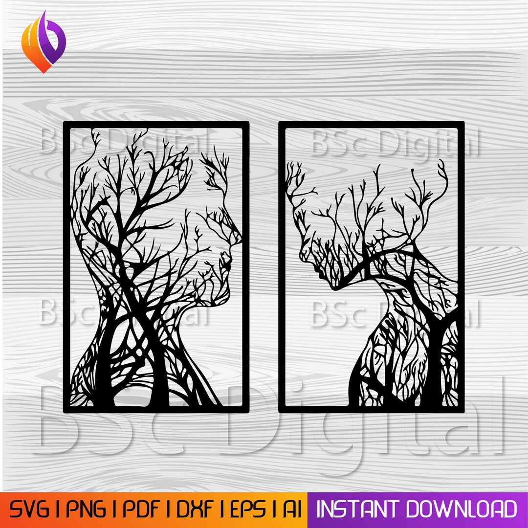 Man Woman Face Tree Branches Wall Art - Svg, Dxf, EPS, AI, and PDF ...