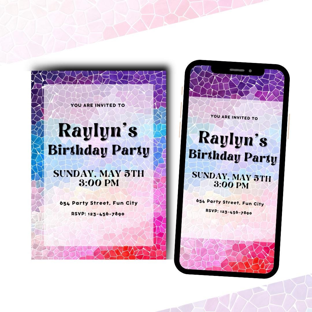 Editable Colorful Birthday Party Invite | Colorful Glass Invite ...
