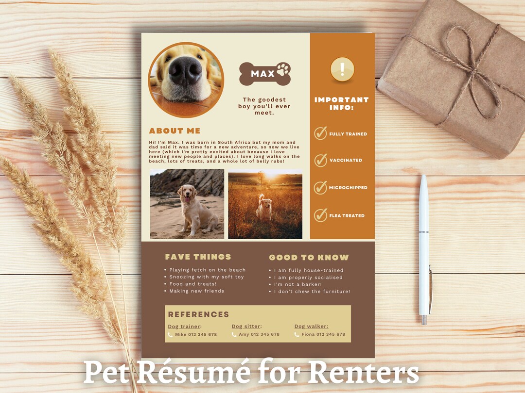 Dog Résumé/cv for Rental Application: Fully Editable | Canva Template ...