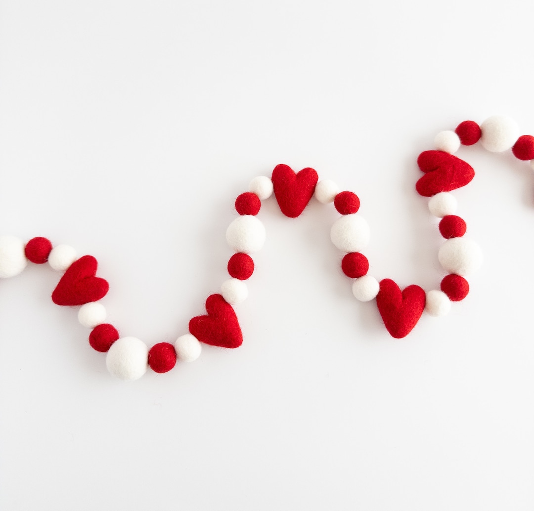 Red and White Heart Felt Ball Garland, Red Heart Garland, Valentine's ...