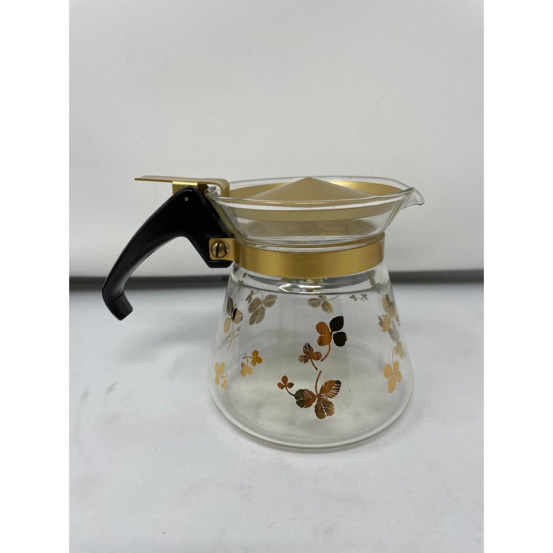 Mini Vintage Pyrex Gold Clover Coffee Creamer Server 4" W/ Lid & Handle ...