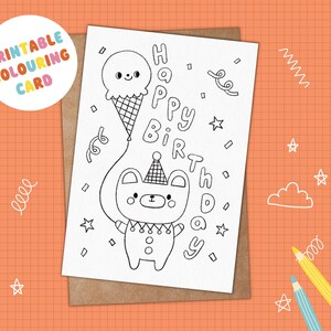 PRINTABLE Colouring Birthday Card for Kids INSTANT DOWNLOAD Cute Bear ...