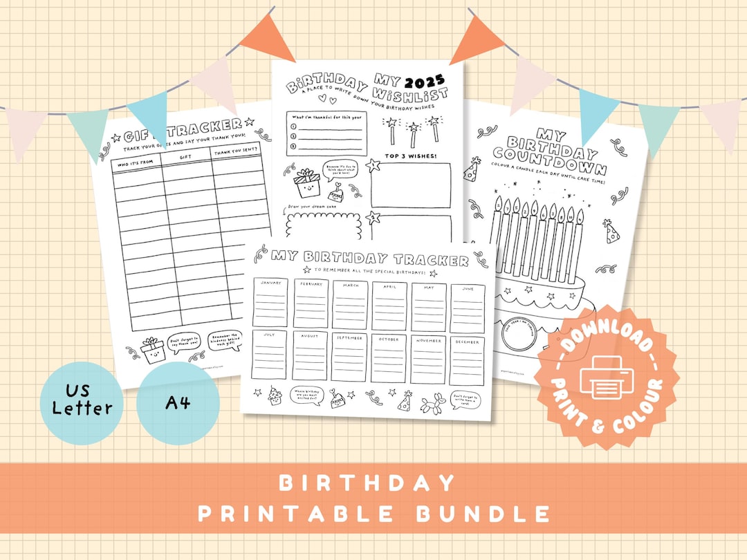 Printable Birthday Activity Bundle for Kids Color in Birthday Countdown ...