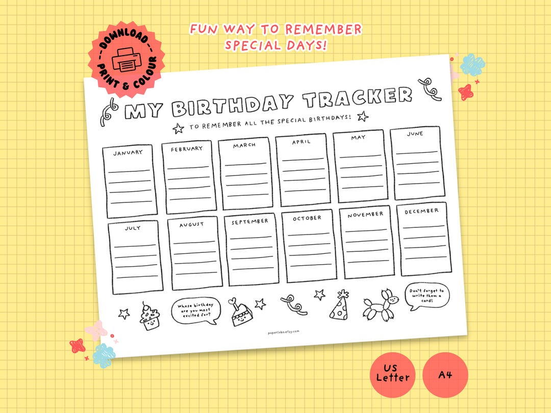 Color in Printable Birthday Tracker for Kids Birthday Calendar Coloring ...