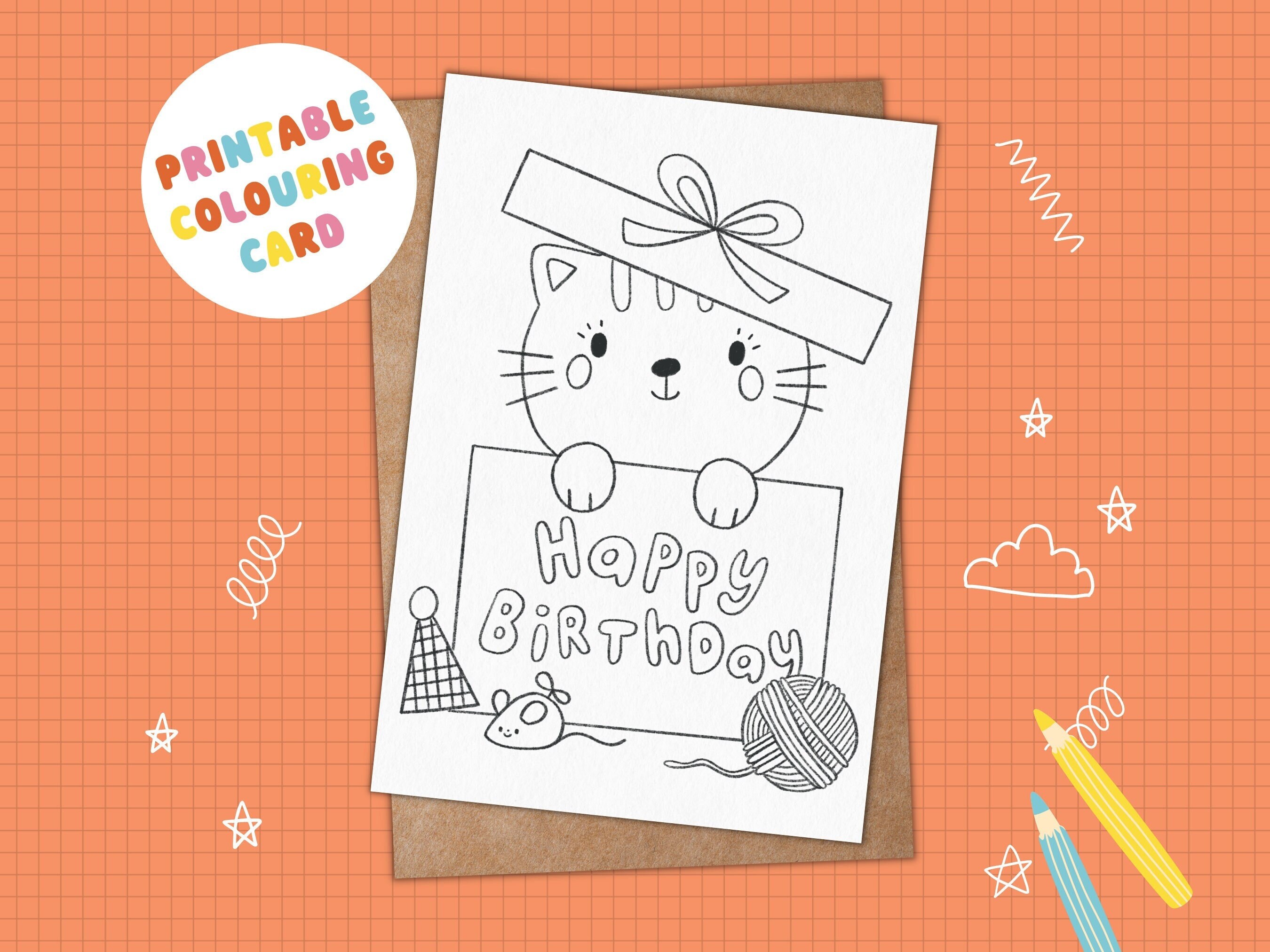 PRINTABLE Kitten Birthday Card for Kids INSTANT DOWNLOAD Cute Colouring ...