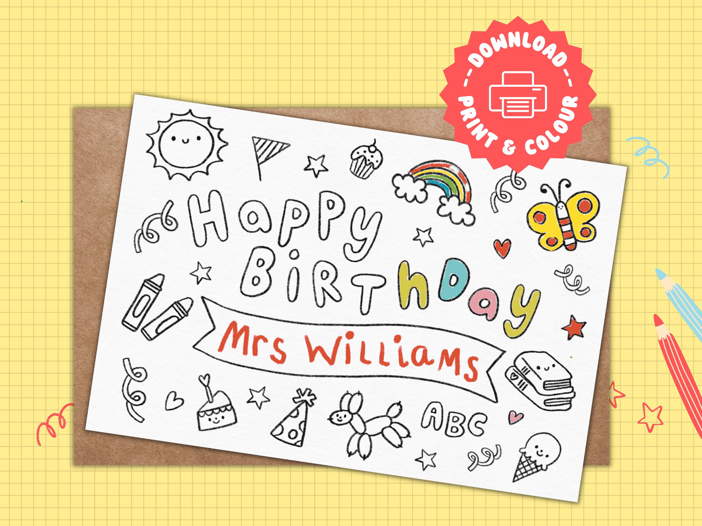 Teacher Birthday Card Printable Coloring Teacher Gift Personalised ...
