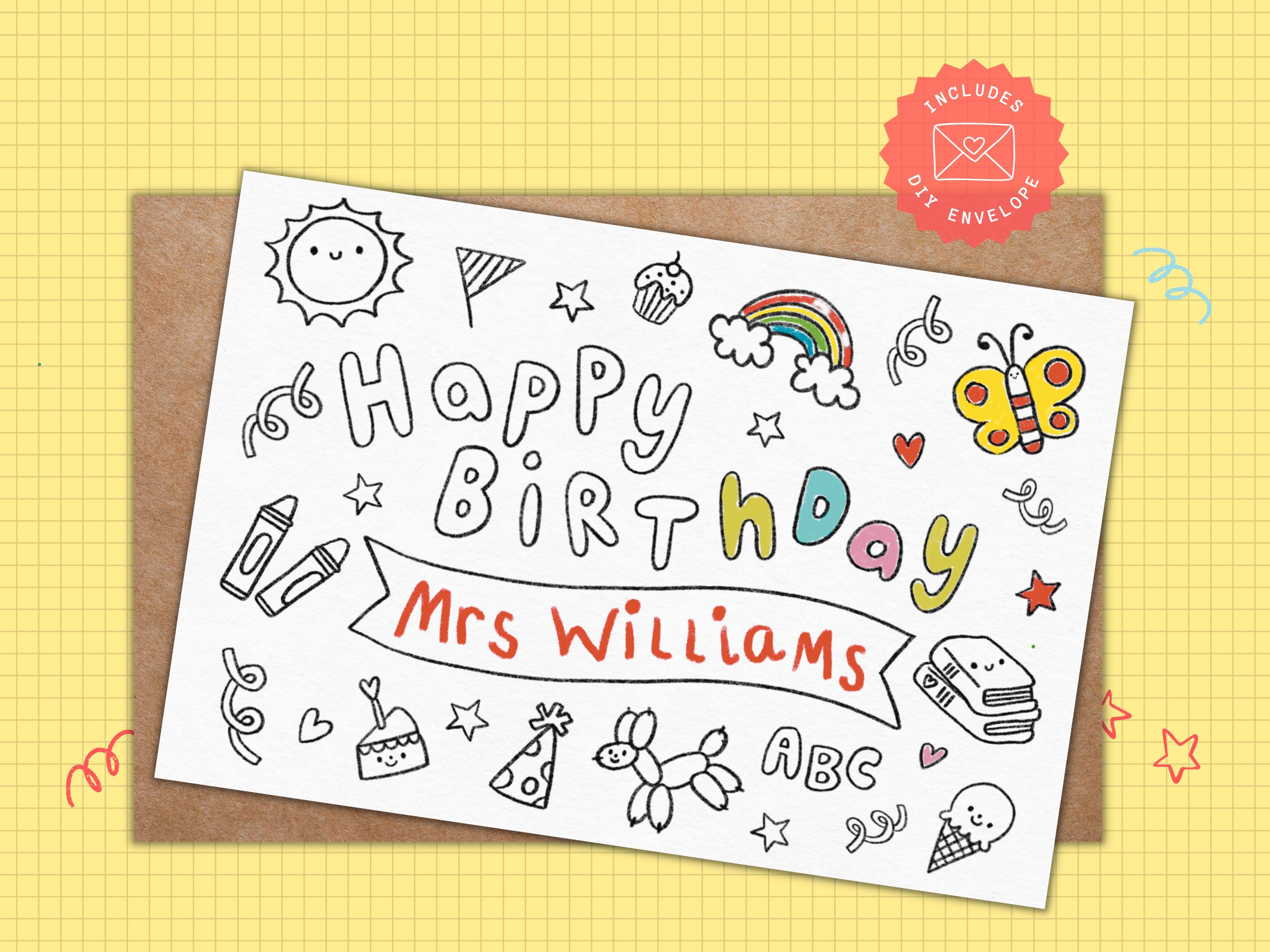 Teacher Birthday Card Printable Coloring Teacher Gift Personalised ...
