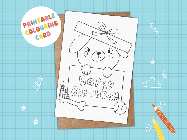 PRINTABLE Puppy Colouring Birthday Card for Kids INSTANT DOWNLOAD Cute ...